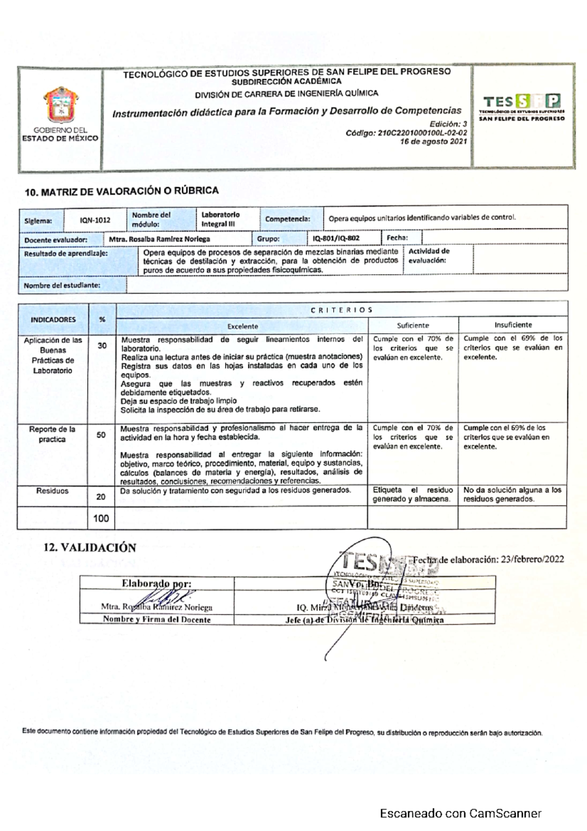 Rubricas de lab 3 - Química - Studocu