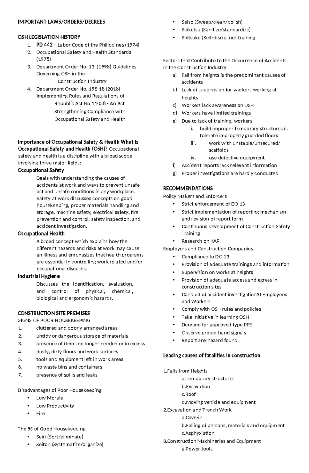 COSH-UCU - Safety - IMPORTANT LAWS/ORDERS/DECREES OSH LEGISLATION ...