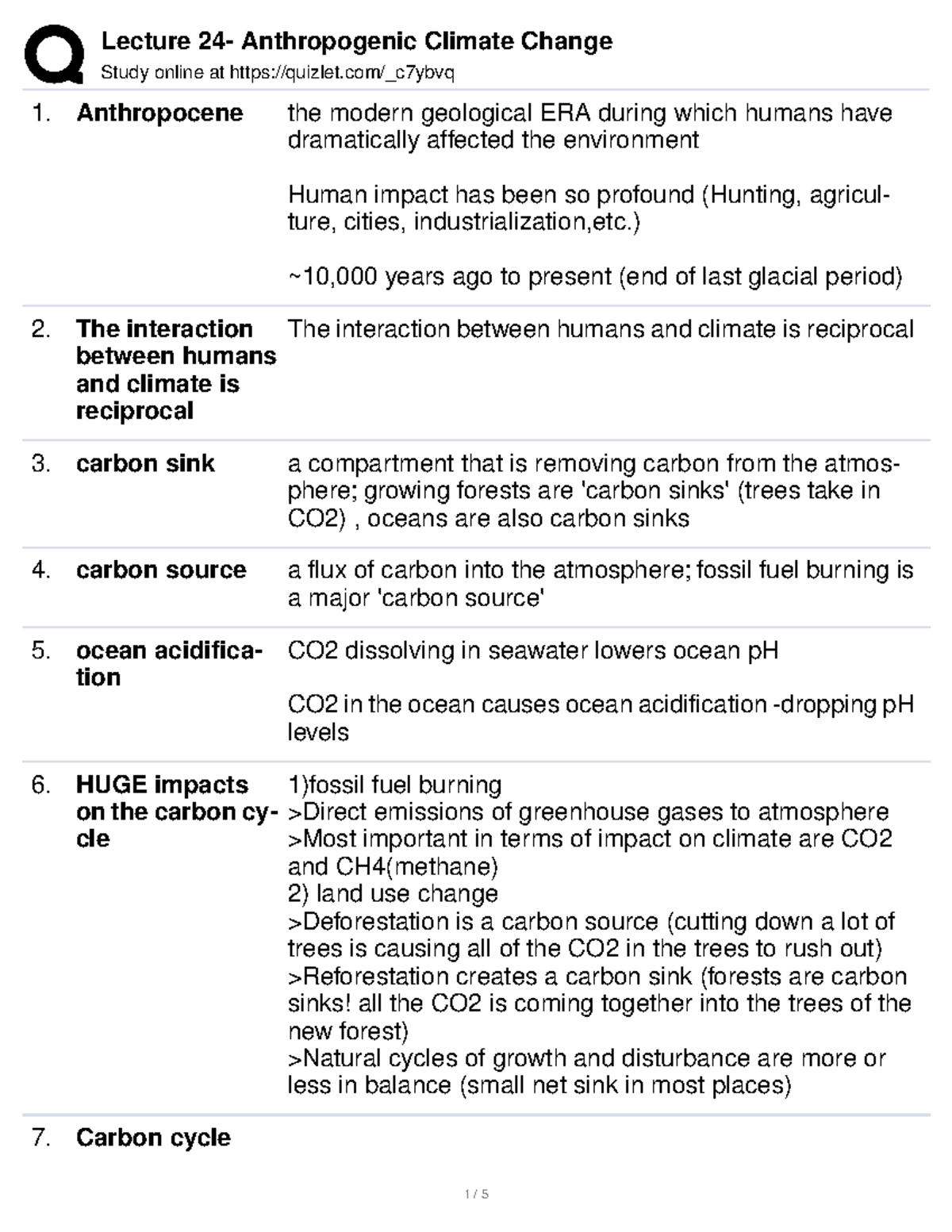 Study Guide lecture 24 - Study online at quizlet/_c7ybvq Anthropocene ...
