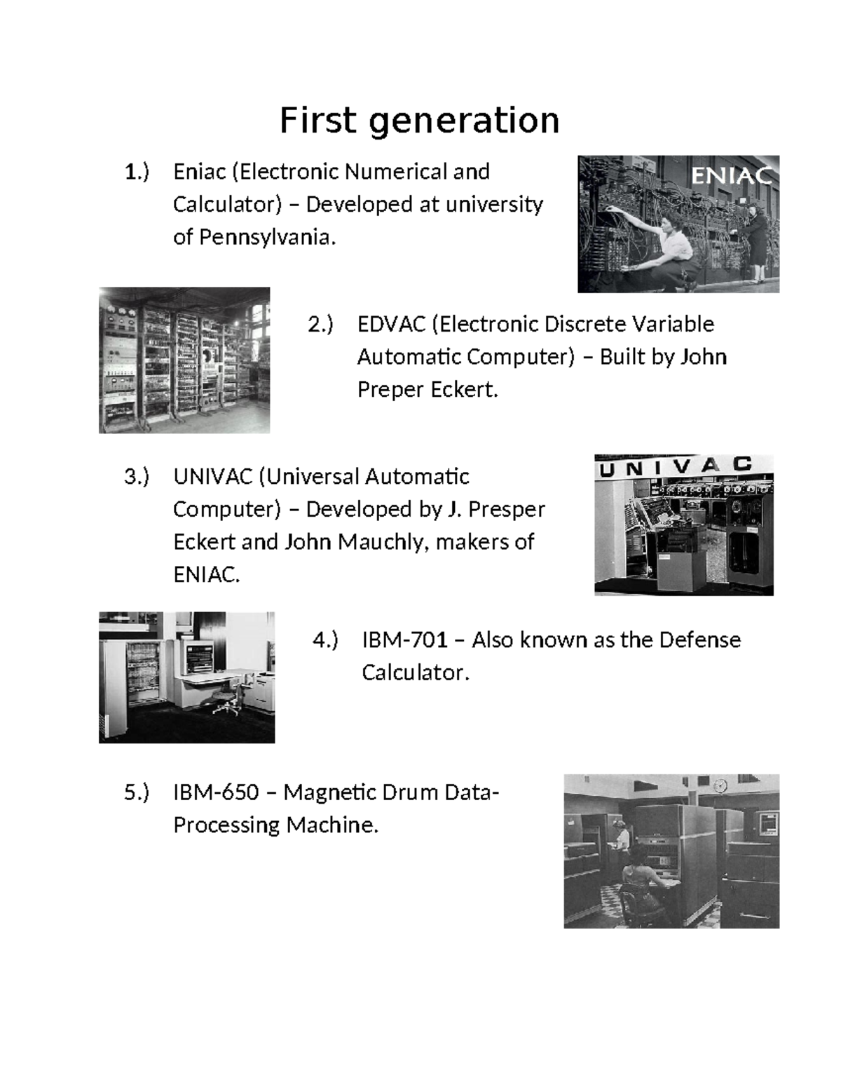 Computer Generation - First generation 1.) Eniac (Electronic Numerical ...