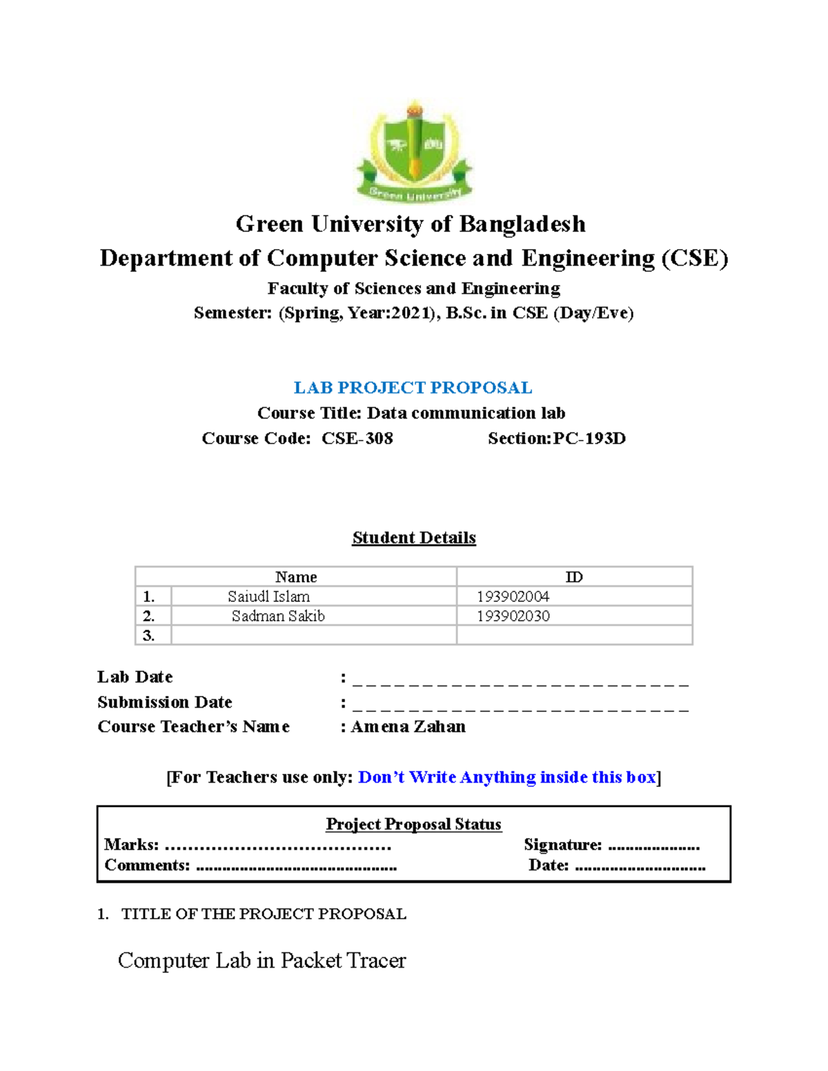 Lab Project Proposal - notes - Green University of Bangladesh ...