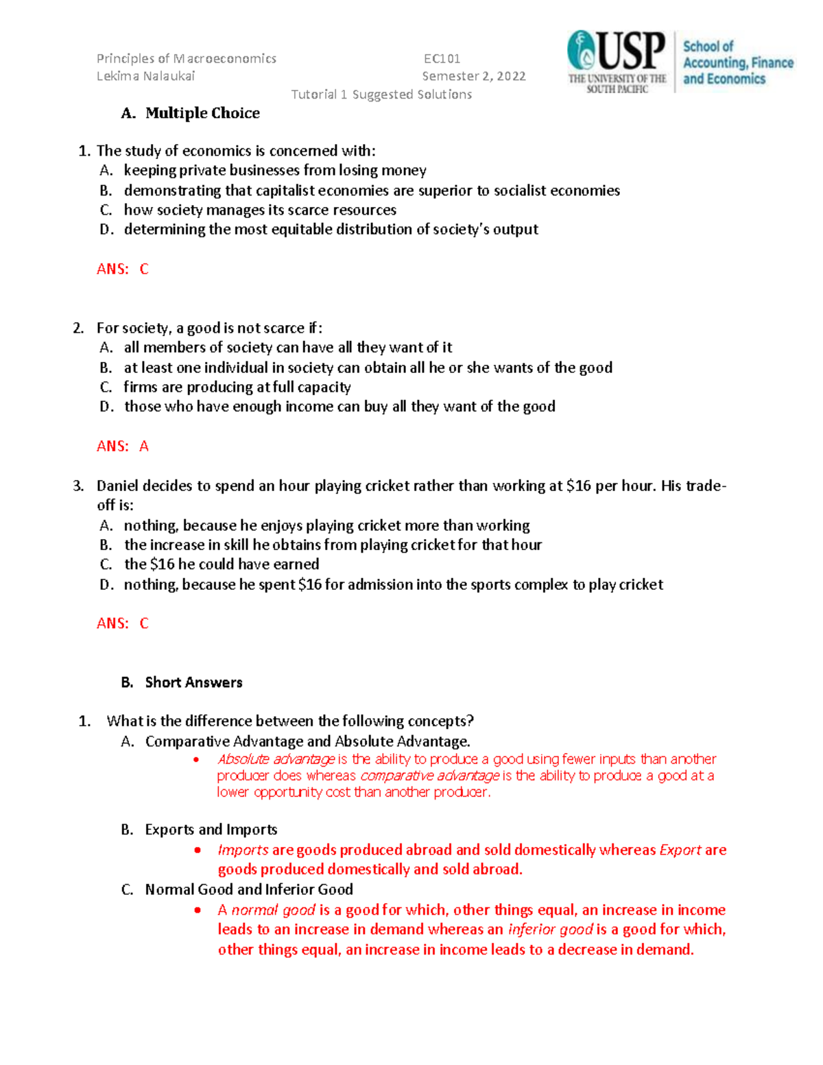 Tutorial 1 Suggested Solutions - Lekima Nalaukai Semester 2, 2022 ...