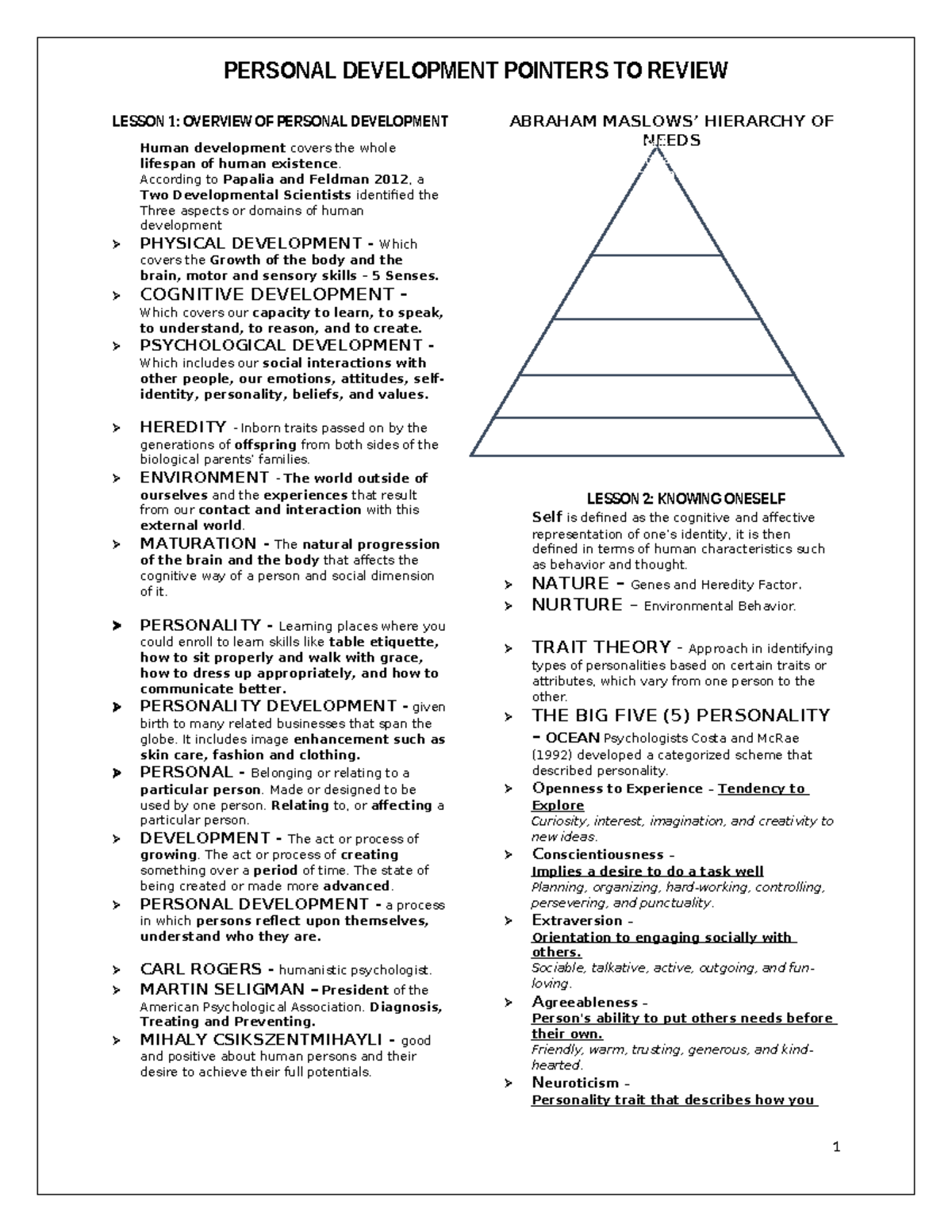 PER DEV Pointers TO Review 1st 2023 - LESSON 1: OVERVIEW OF PERSONAL ...