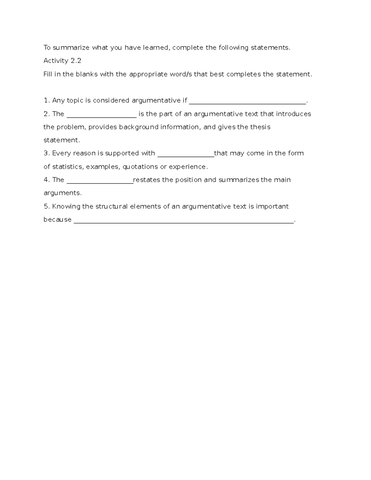 Lesson 2-To summarize what you have learned - To summarize what you have learned, complete the ...