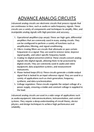 Advance Analog Circuits - ADVANCE ANALOG CIRCUITS Advanced analog circuits are electronic ...