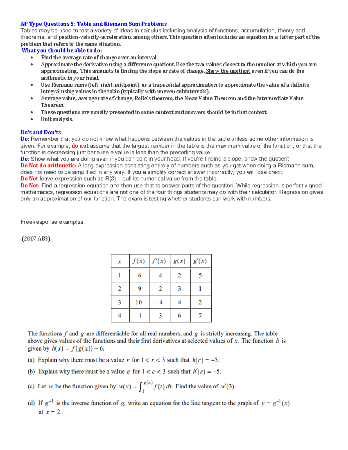 AP Type Questions 5 (Table and Riemann Sum Problems) - AP Type Questions 5 : Table and Riemann ...