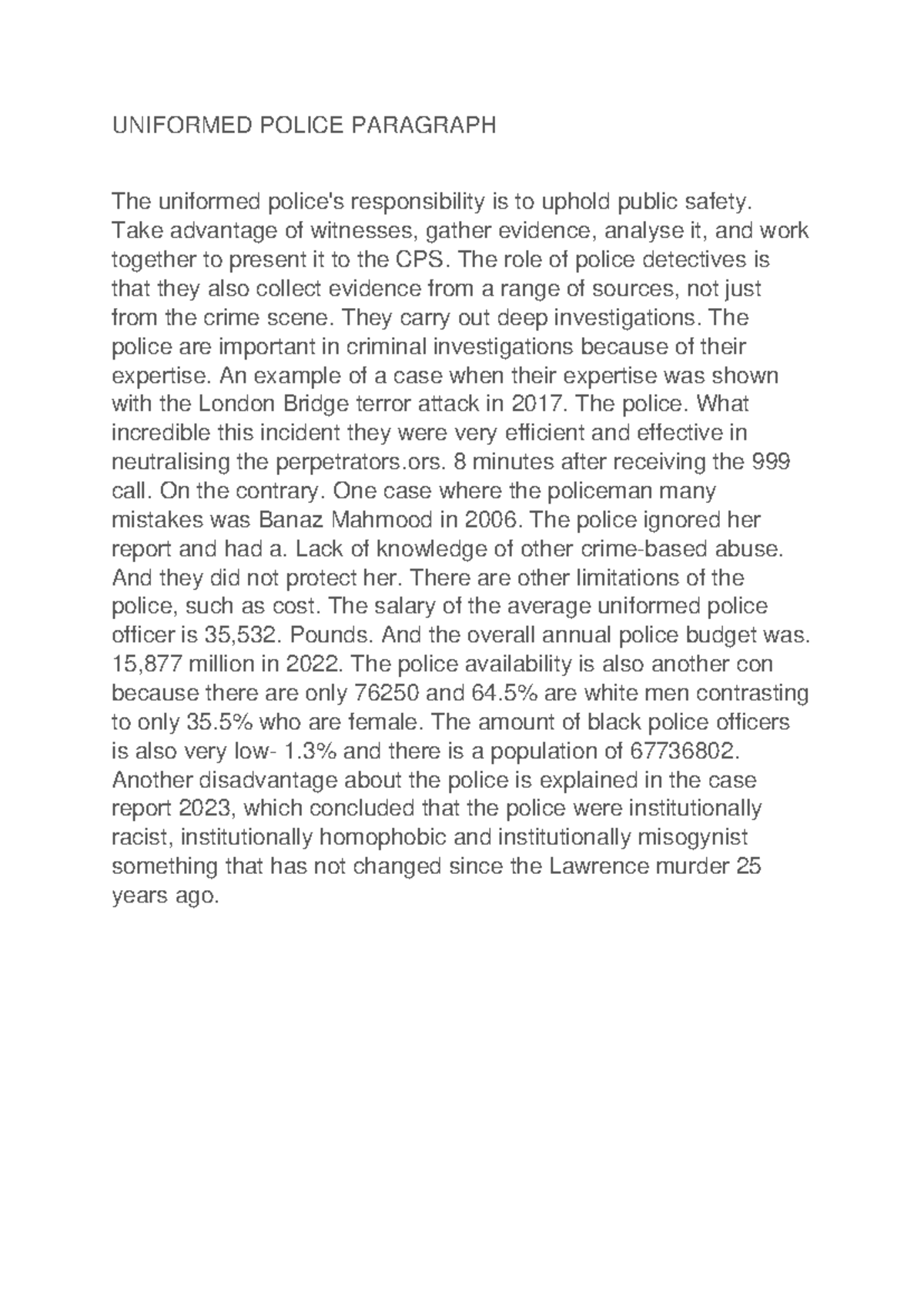 Uniformed Police Paragraph - UNIFORMED POLICE PARAGRAPH The uniformed ...