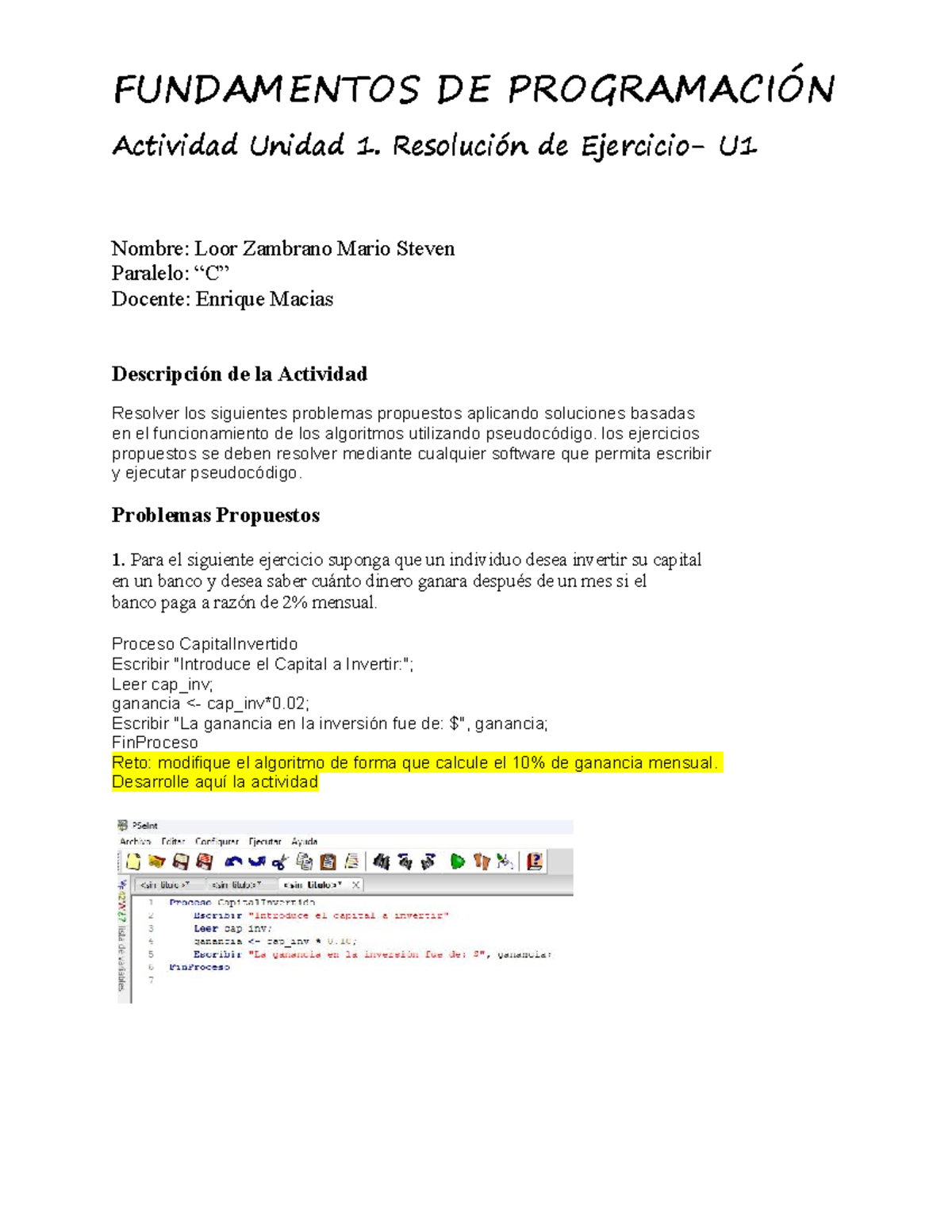 Fundamento DE Programaciòn - Resoluciòn DE Ejercicio - U1 - Actividad Unidad 1. Resolución de ...