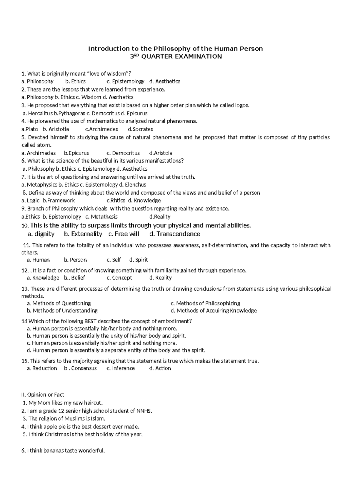 Intro TO Philo EXAM - Introduction to the Philosophy of the Human ...