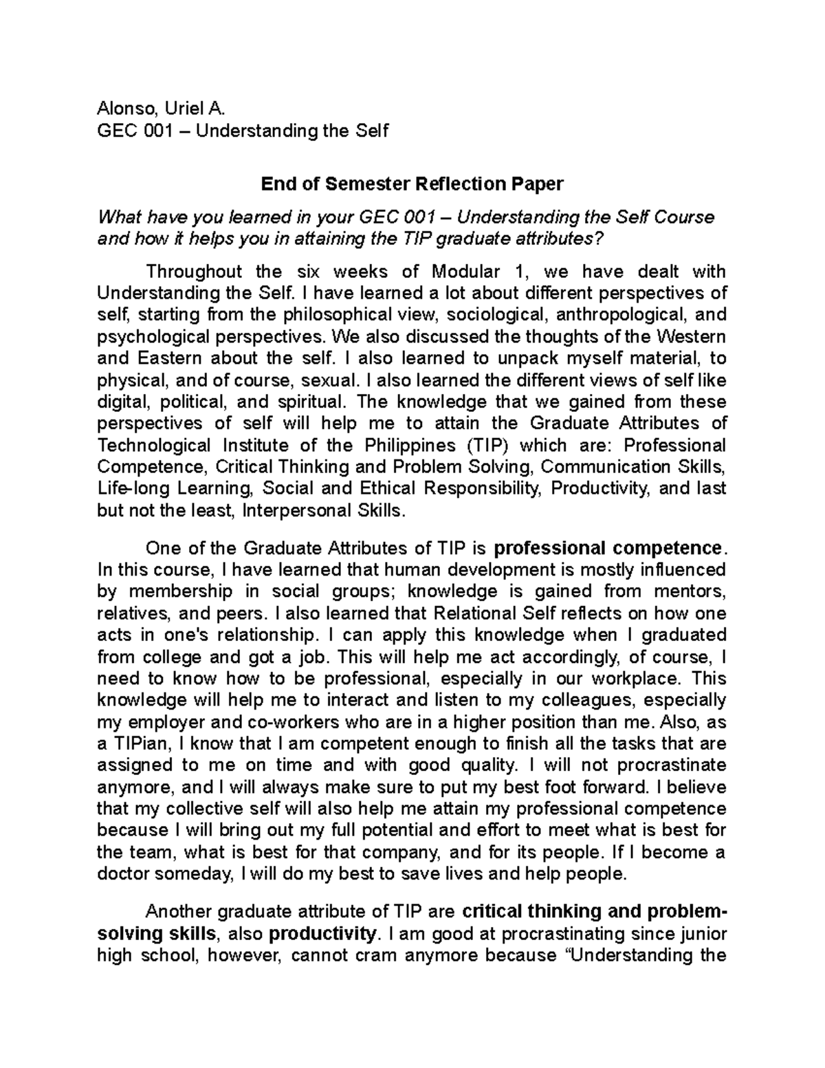 End of Semester Refection Paper - Alonso, Uriel A. GEC 001 ...