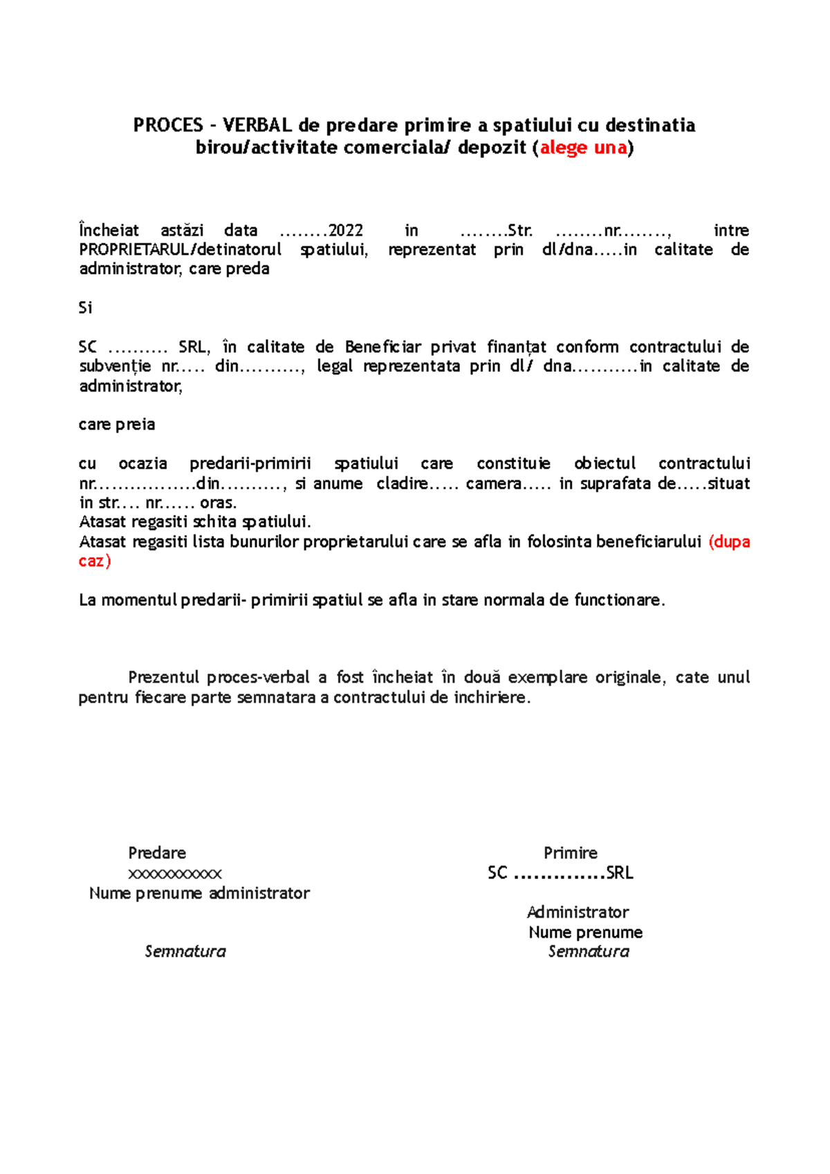 Proces verbal de predare primire a spatiului - PROCES – VERBAL de ...