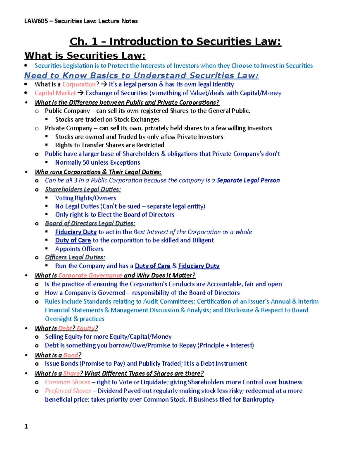 LAW605 - Lecture Notes - Ch. 1 – Introduction to Securities Law: What ...