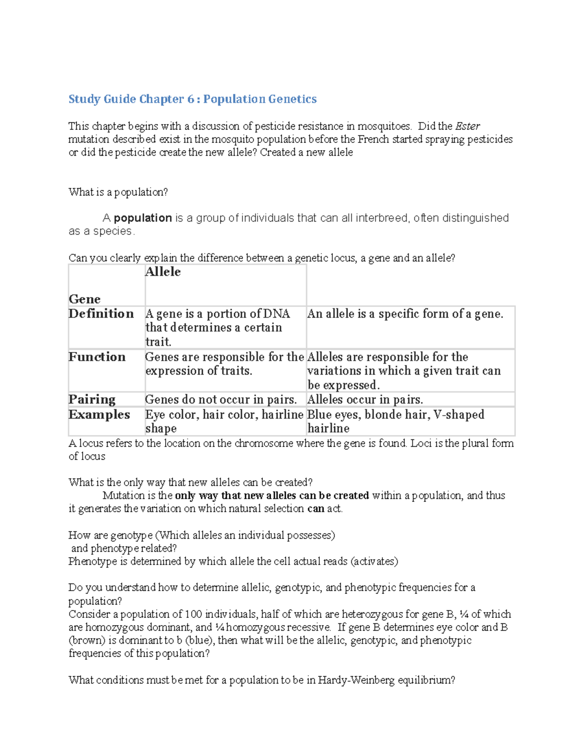 Study Guide Chapter 6 Population Genetics - Study Guide Chapter 6 ...