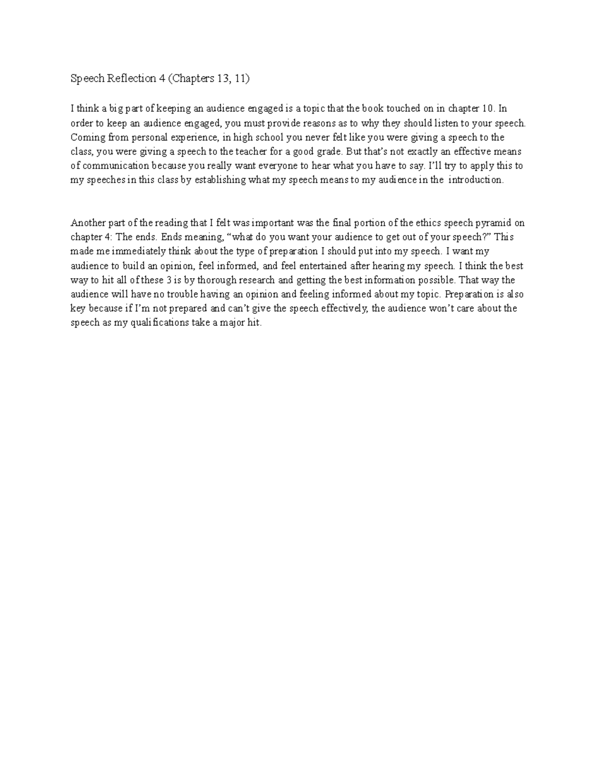 Speech Reflection #4 (Chapters 13,11) - Speech Reflection 4 (Chapters ...