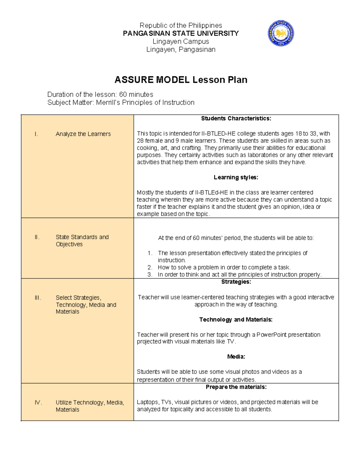 Assure Lesson PLAN - Copy - Republic of the Philippines PANGASINAN STATE UNIVERSITY Lingayen ...