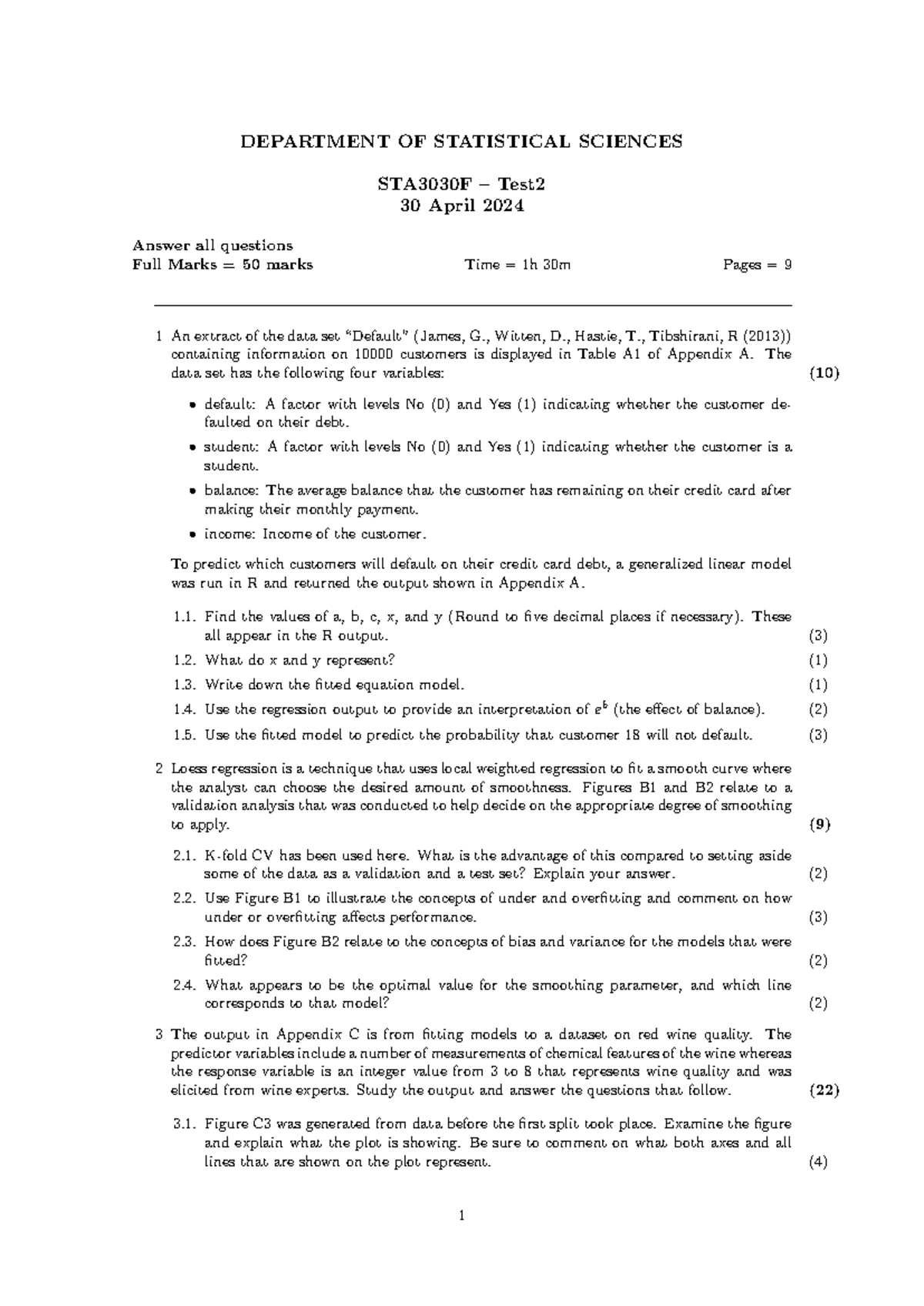 Test2 2024 - DEPARTMENT OF STATISTICAL SCIENCES STA3030F – Test 30 ...
