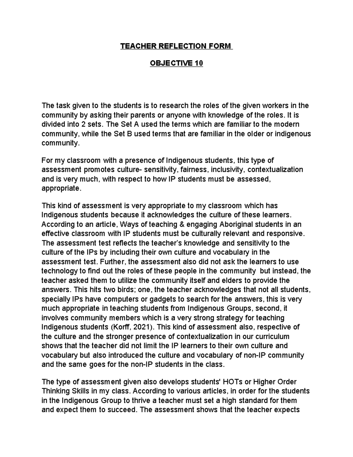 TRF Objective 10 - TEACHER REFLECTION FORM OBJECTIVE 10 The task given ...