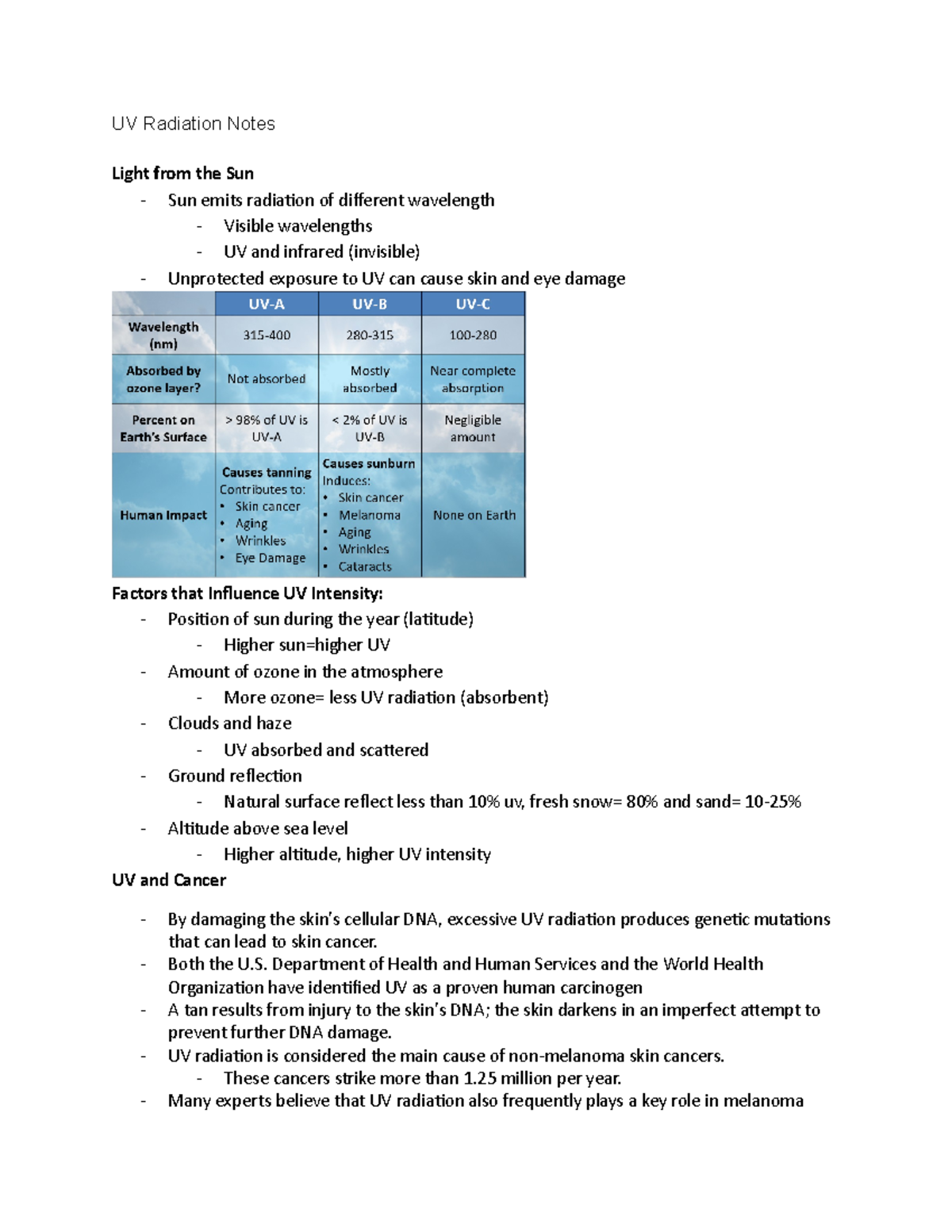 UV Radiation Notes - UV Radiation Notes Light from the Sun - Sun emits ...