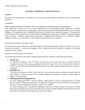 Lab Report-Identifying an Unknown Substance - Lab Report: Identifying ...