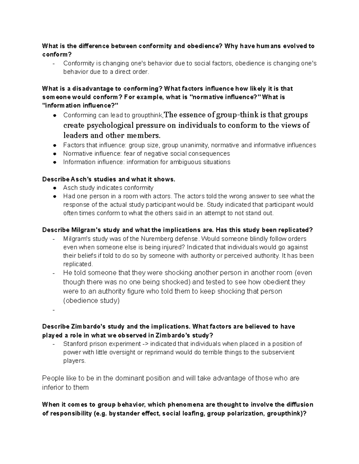 final exam prep notes - What is the difference between conformity and ...