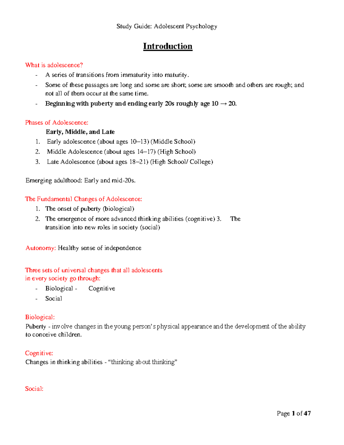 Adolescent Psy Study Guide - Introduction What is adolescence? - A ...
