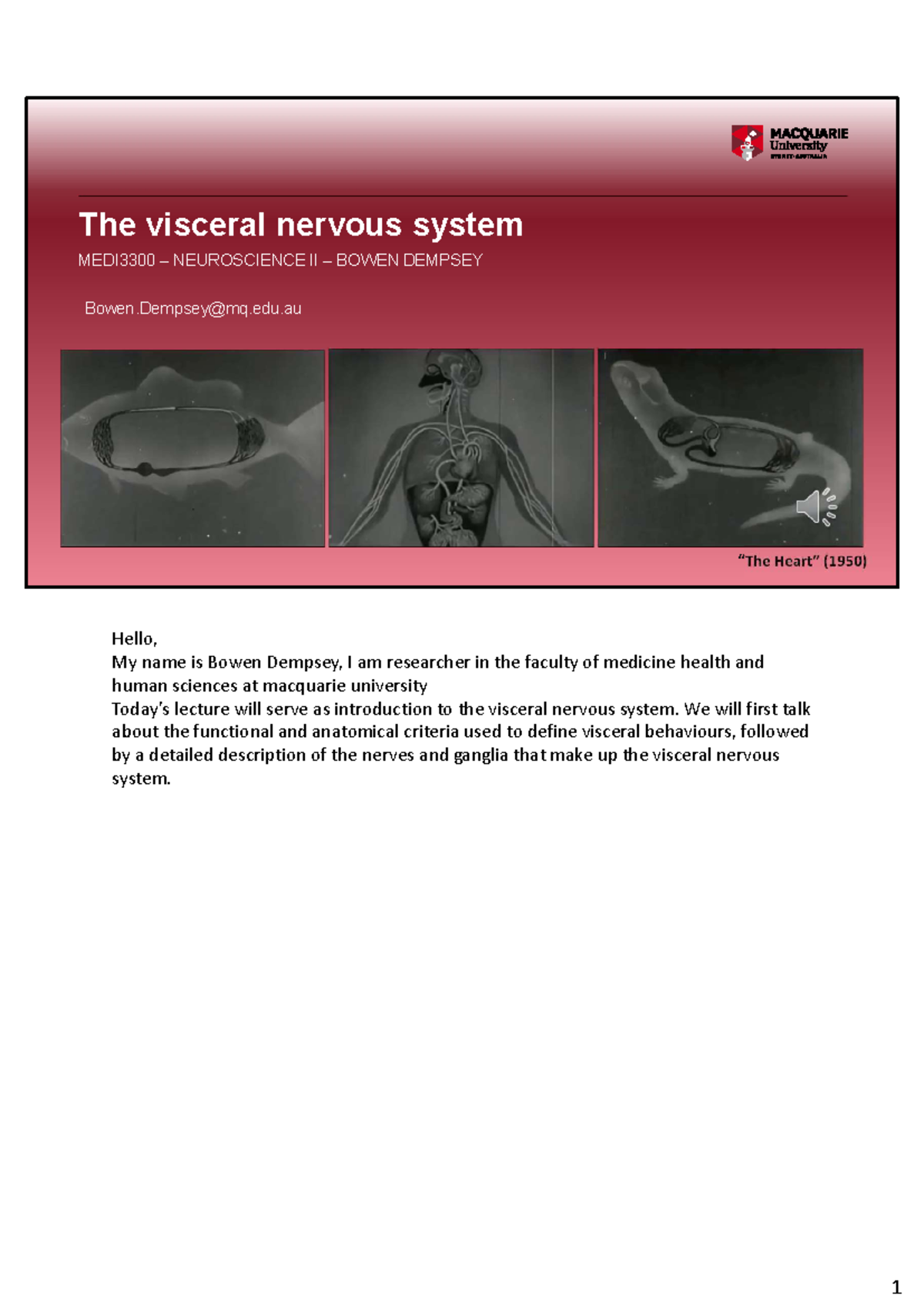 MEDI 3300 Lecture 2 - notes - Bowen@mq.edu The visceral nervous system ...
