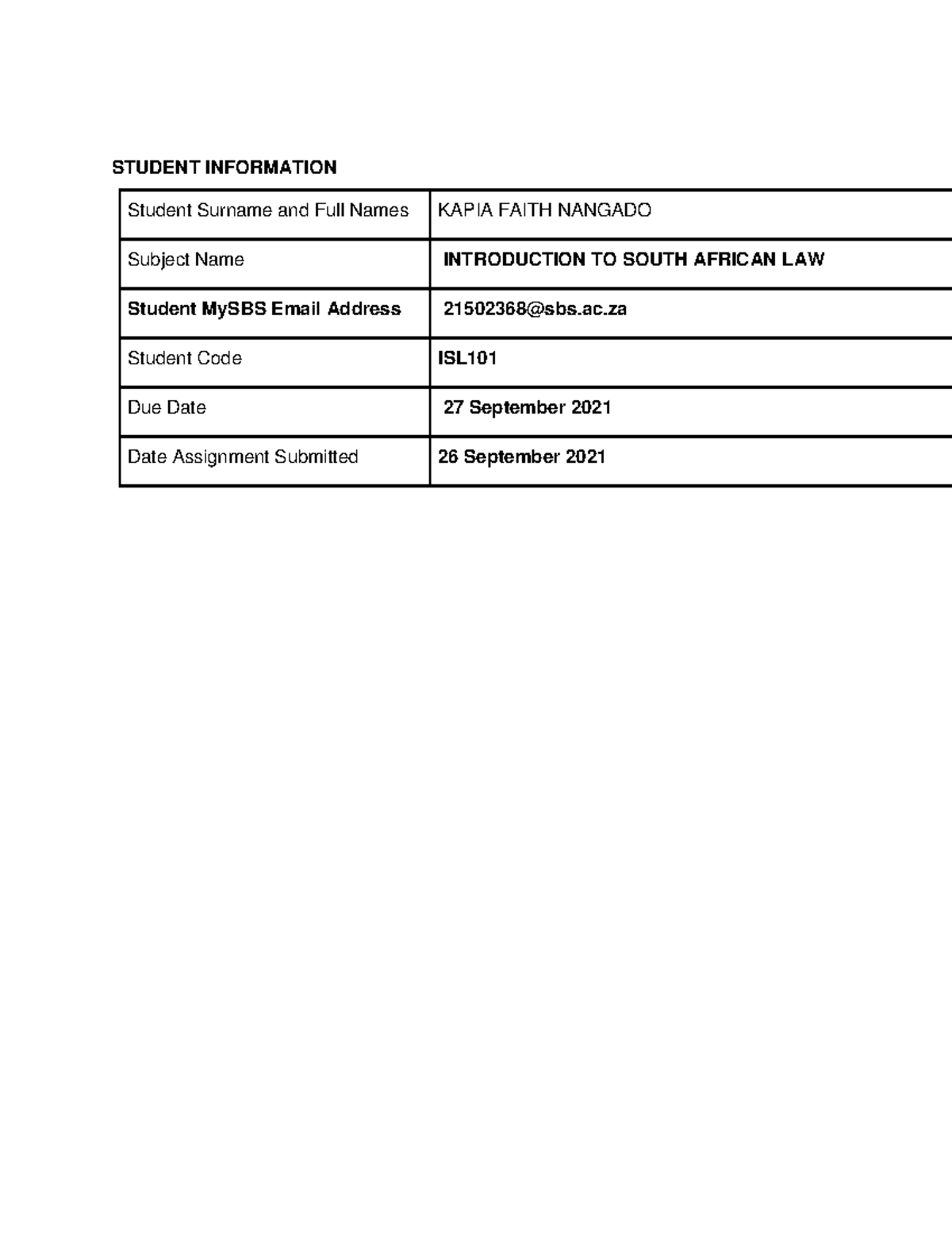 21502368 ISL101 Kapia - Semester Assignment - STUDENT INFORMATION Student Surname and Full Names ...