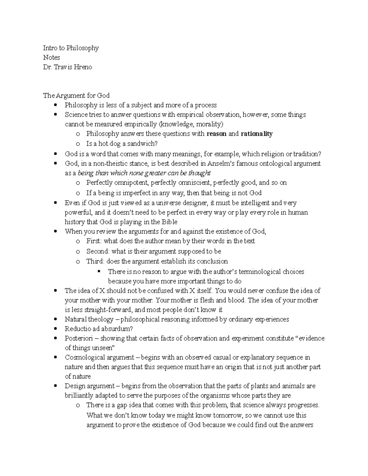 Intro to Philosophy All Notes - Intro to Philosophy Notes Dr. Travis ...