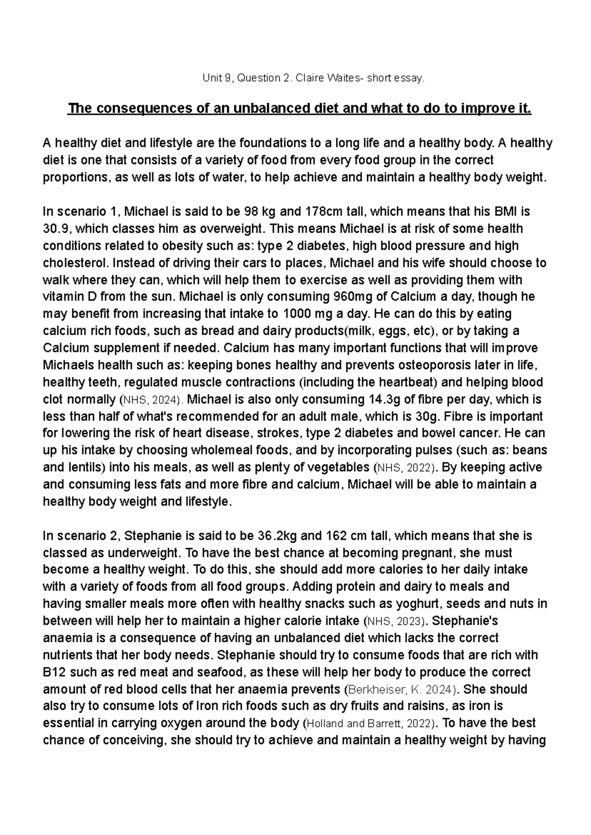 Diet scenarios essay - Unit 9, Question 2. Claire Waites- short essay ...