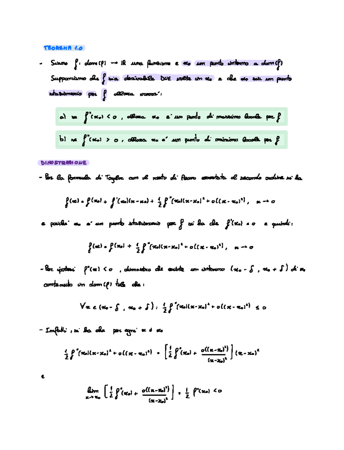 Punti di estremo e derivata seconda - TEOREMAe o Siamo f domai IR una ...