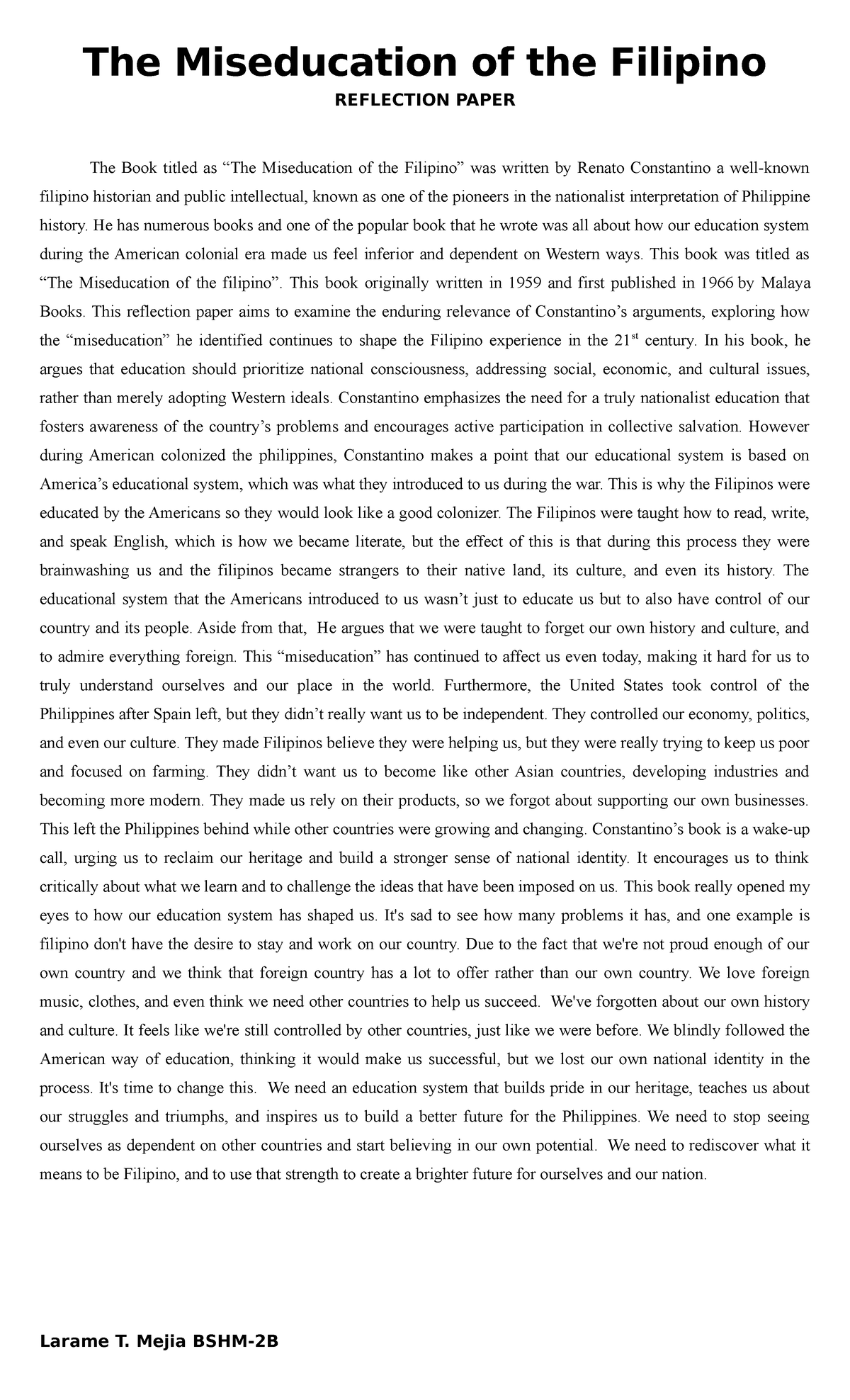 Reflection Paper Miseducation OF THE Filipino - The Miseducation of the ...