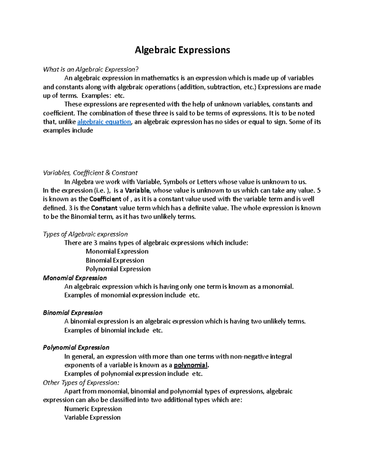 Algebraic Expressions Algebraic Expressions What Is An Algebraic