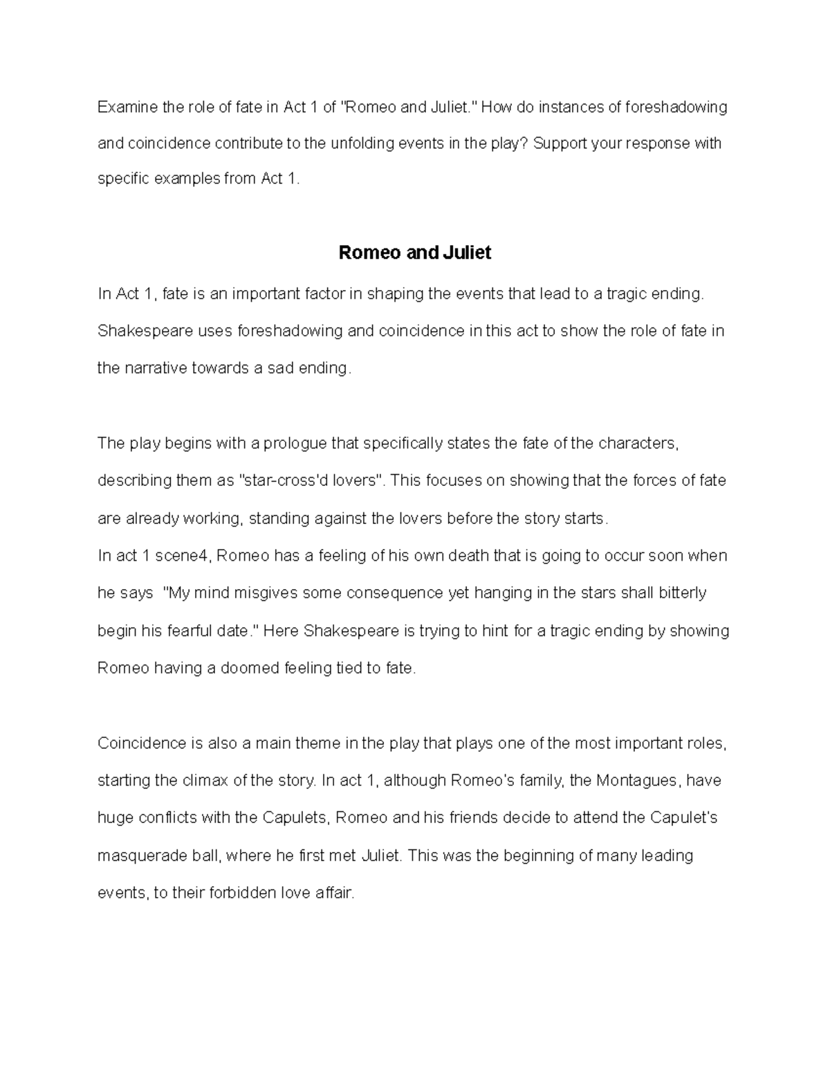 Romeo and Juliet Assignment - Examine the role of fate in Act 1 of ...