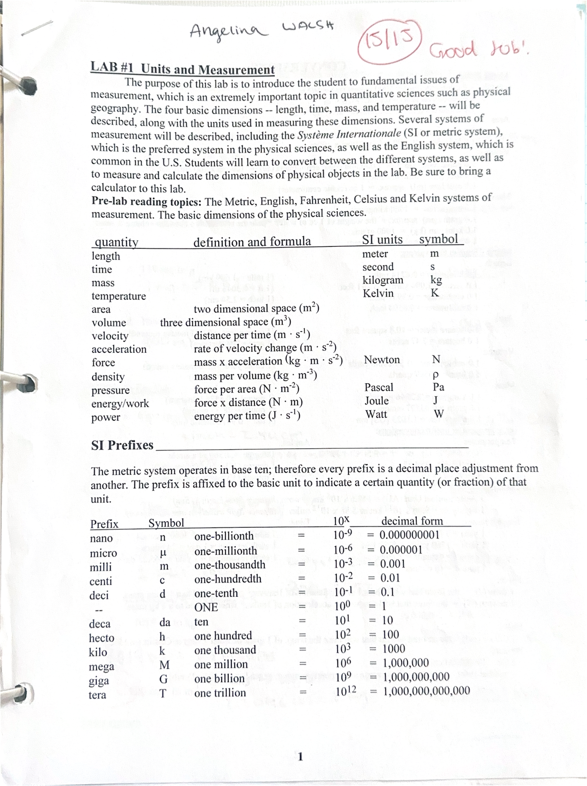 LAB #1 Units and Measurement - The four basic dimensions length, time ...