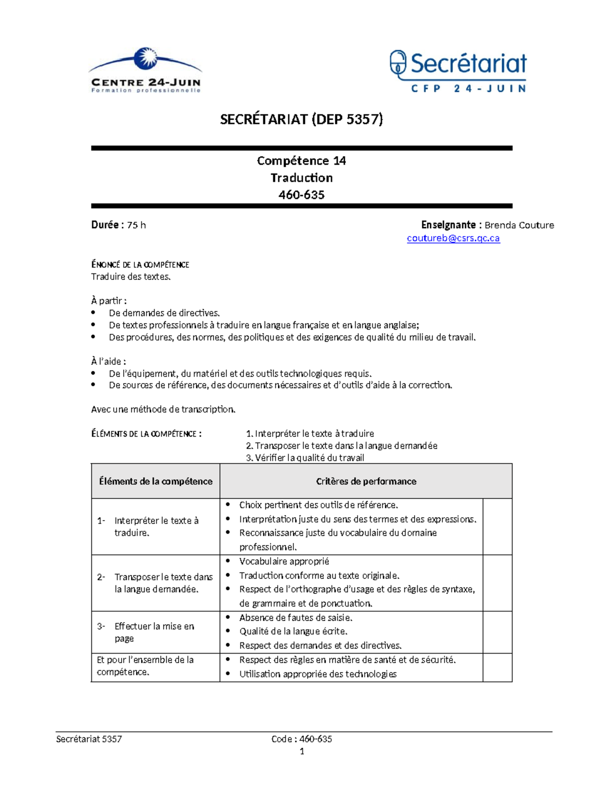 14 460 635 Echeancier - SECRÉTARIAT (DEP 5357) Compétence 14 Traduction 460- Durée : 75 h - Studocu