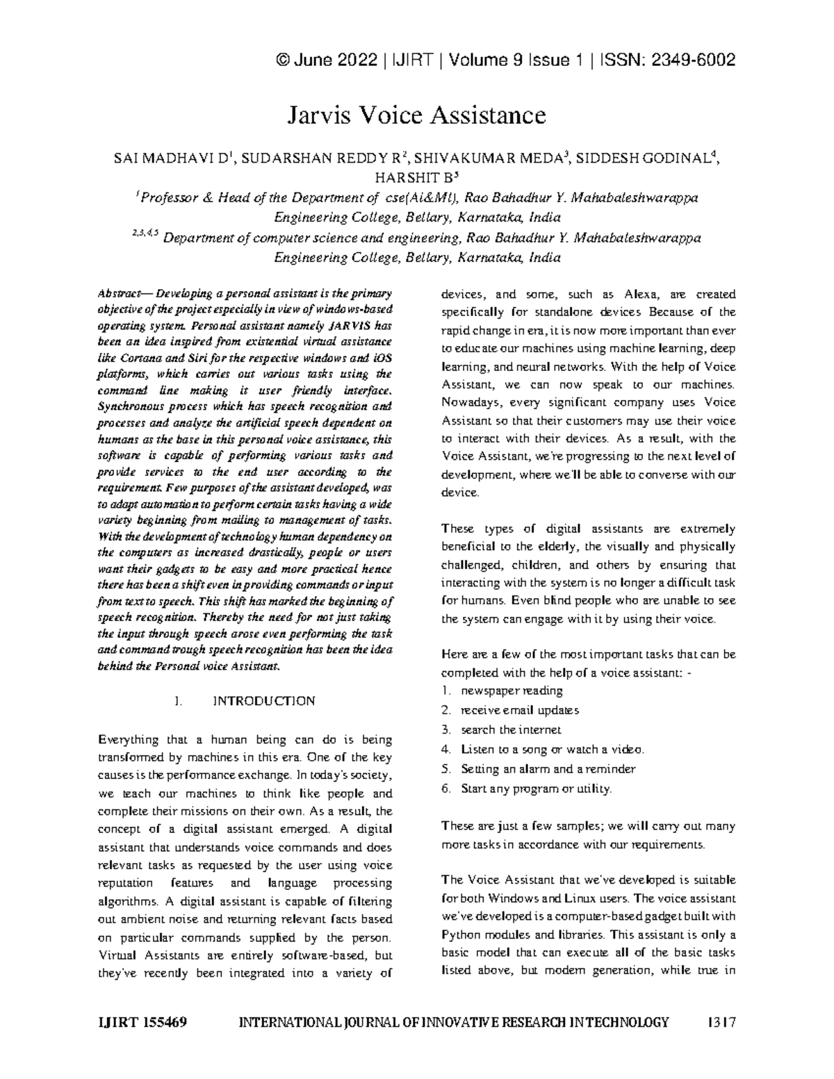 Ijirt 155469 Paper - Jarvis Voice Assistance SAI MADHAVI D 1 ...