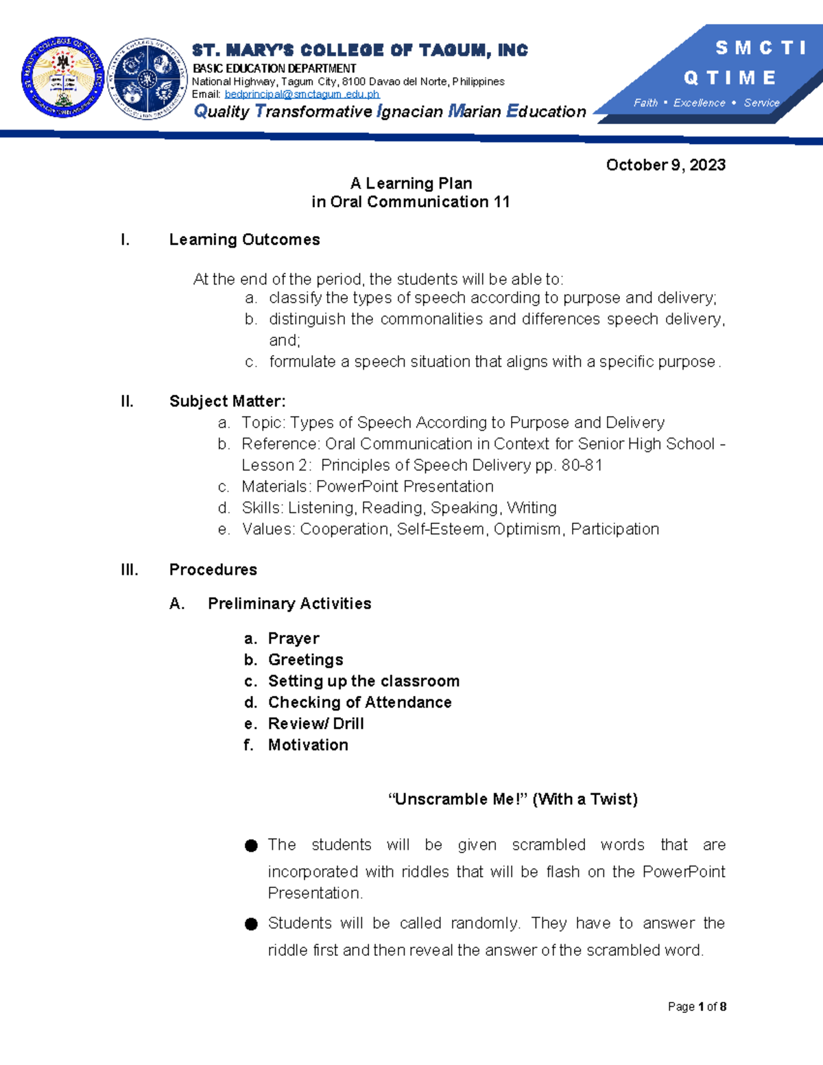 Lesson PLAN Grade 11 Oral Comm - Q T I M E Faith • Excellence • Service ...