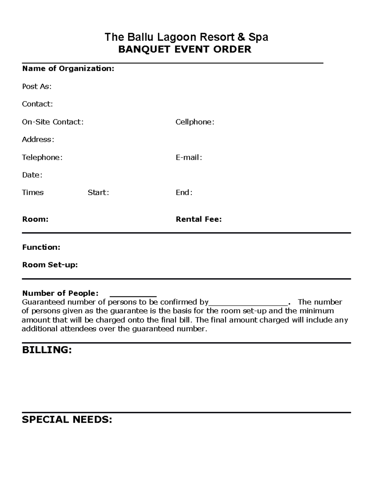 BEO Sample - e2efgqrebvw - The Ballu Lagoon Resort & Spa BANQUET EVENT ...