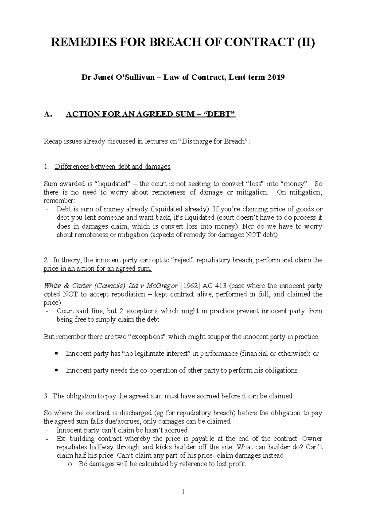 Contract handout 2019 - remedies - REMEDIES FOR BREACH OF CONTRACT (II ...