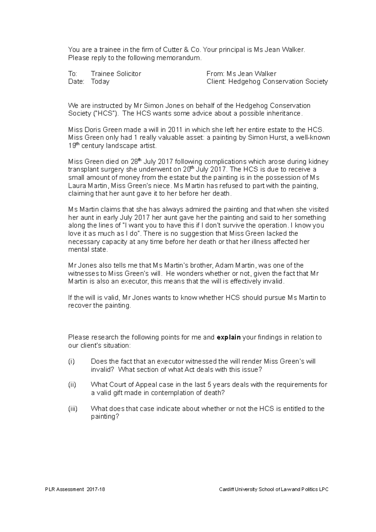 PLR scenario A - PLR - You are a trainee in the firm of Cutter &amp; Co ...