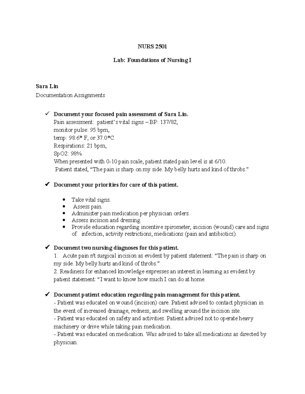 Sara Lin Vsim Lab - Sara Lin Vsim Lab - NURS 2501 Lab: Foundations of ...