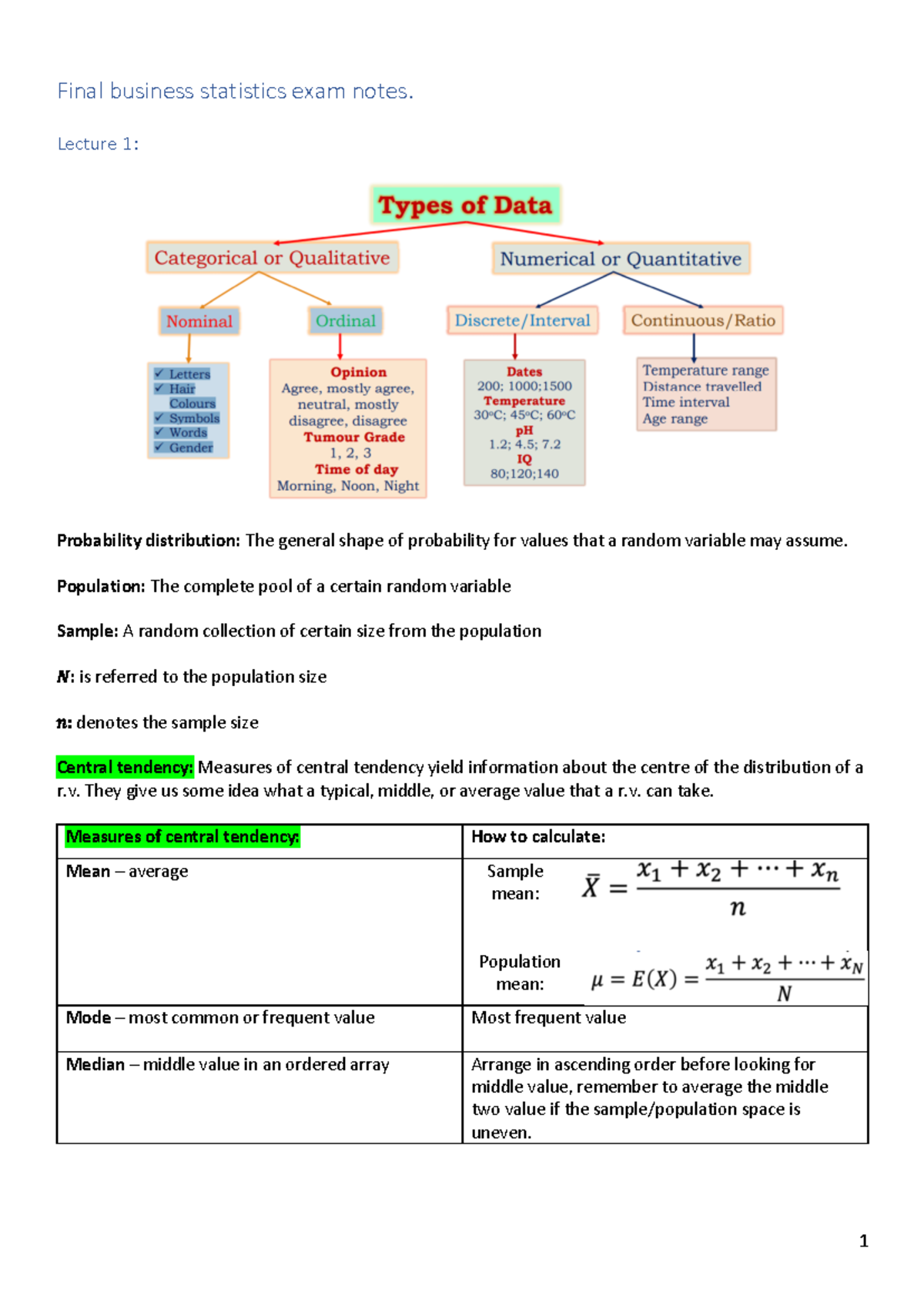 Final business statistics exam notes - Lecture 1: Probability ...