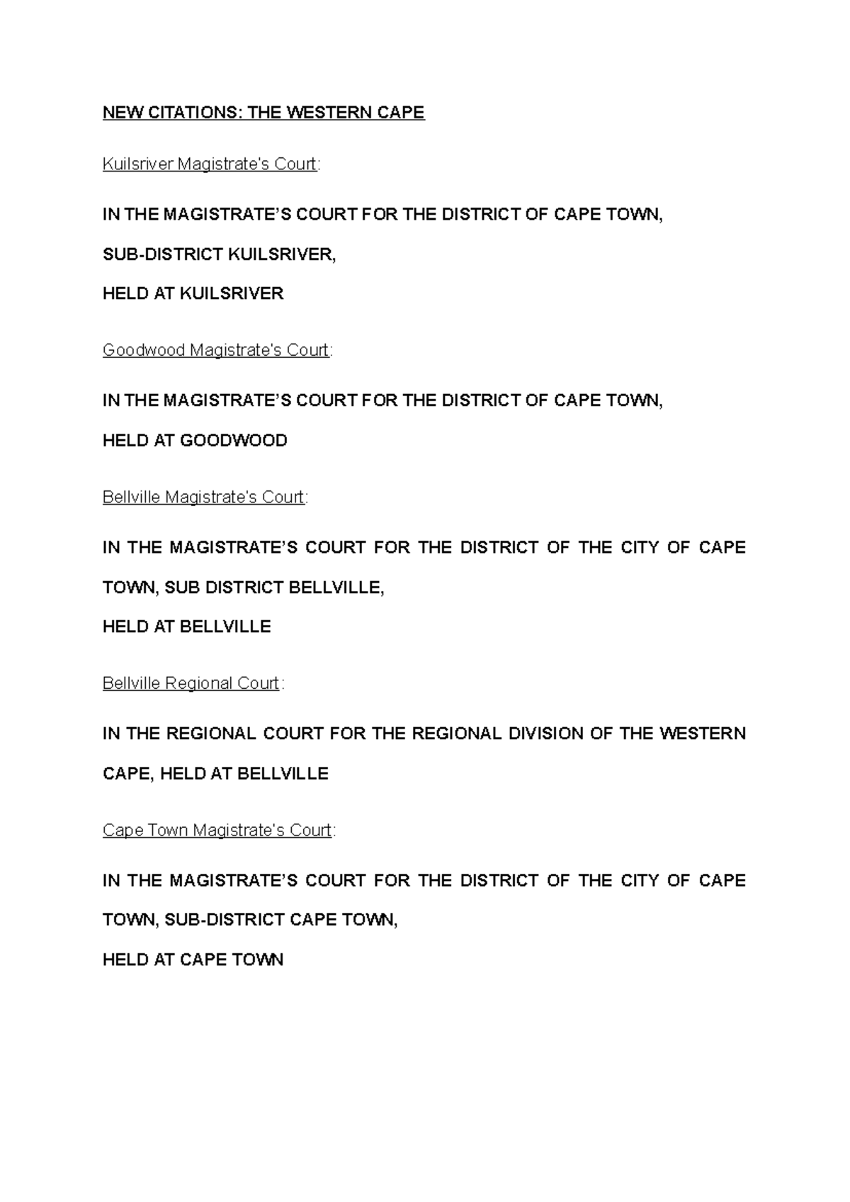 Citation OF THE Courts - NEW CITATIONS: THE WESTERN CAPE Kuilsriver ...