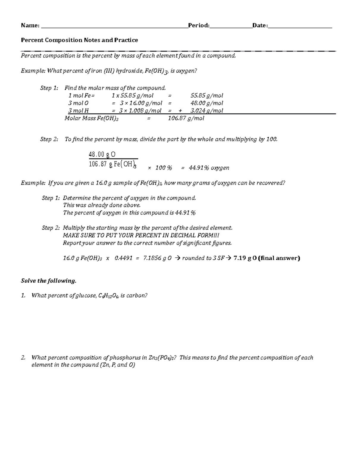 Molar Mass and Percent Composition Practice WS - BIO 101 - University ...