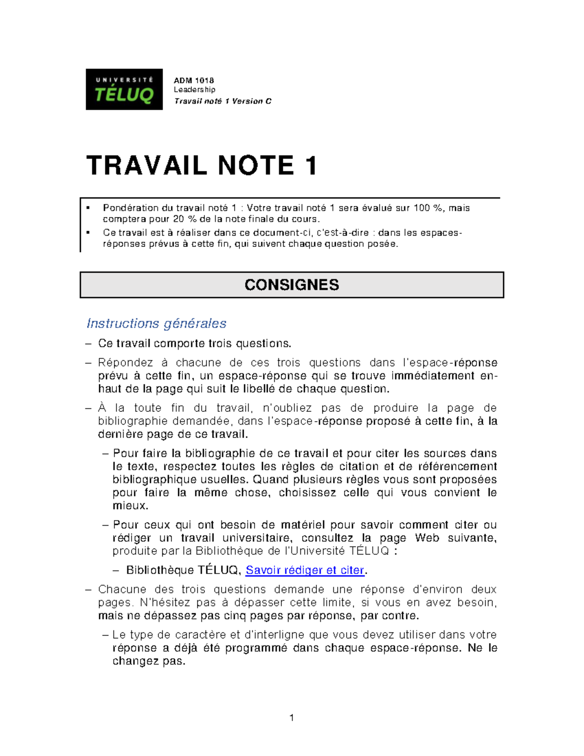TN1 ADM1018 - ADM 1018 Leadership Travail noté 1 Version C TRAVAIL NOTE ...