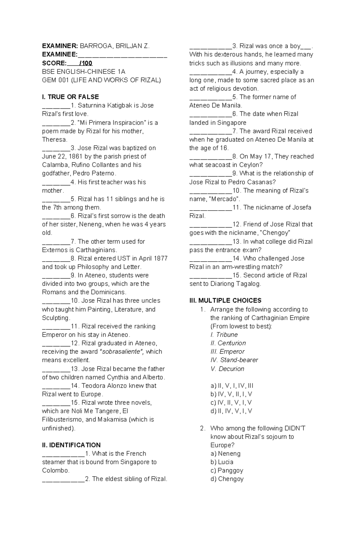 Sample Questionnaire - EXAMINER: BARROGA, BRILJAN Z. EXAMINEE ...