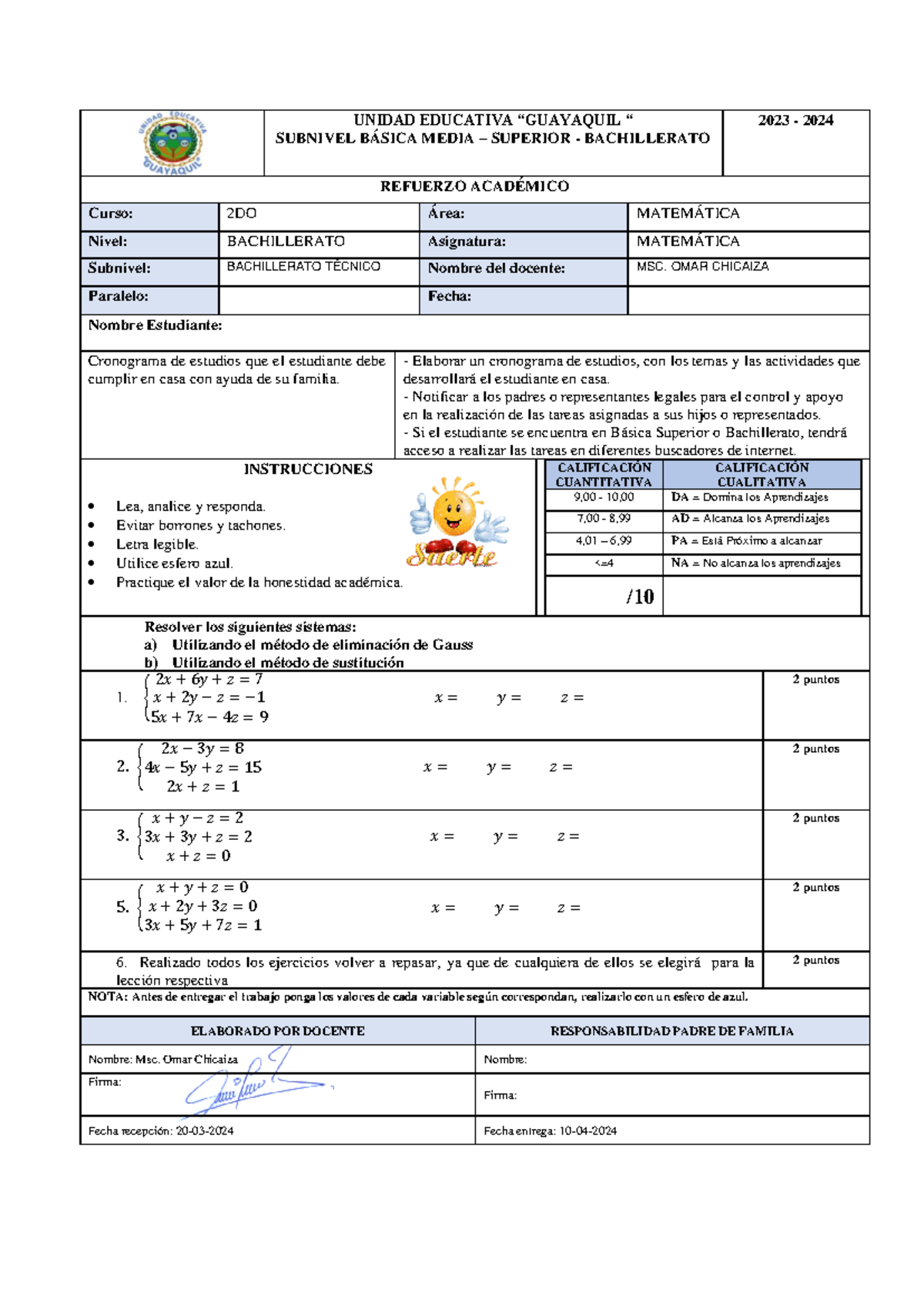 Refuerzo II TRIM 2DO MATE - UNIDAD EDUCATIVA “GUAYAQUIL “ SUBNIVEL BÁSICA MEDIA – SUPERIOR ...