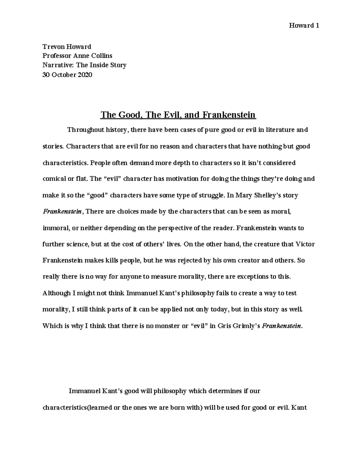 The Good The Evil and Frankenstein Theme Paper 3 - Trevon Howard ...