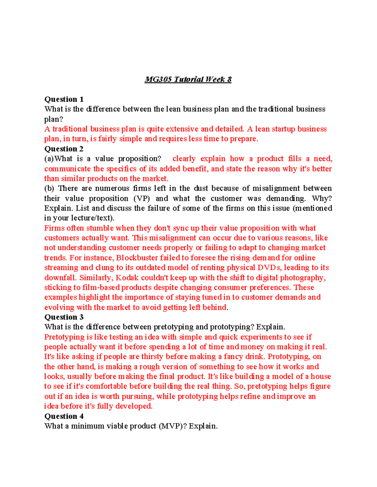 MG305 Tutorial Week 8 use - MG305 Tutorial Week 8 Question 1 What is the difference between the ...