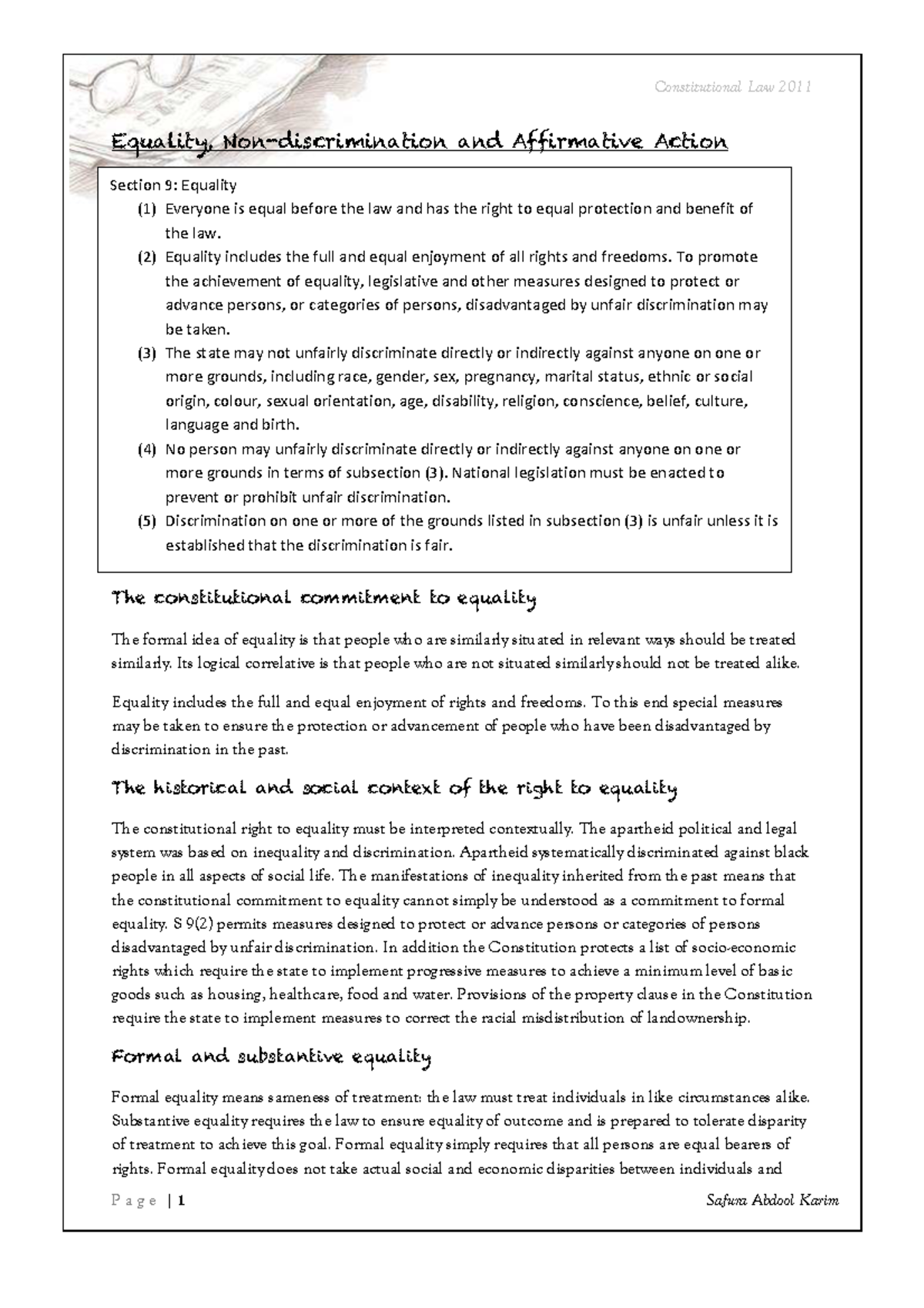 Equality Note - Section 9 of the Constitution - Equality, Non ...
